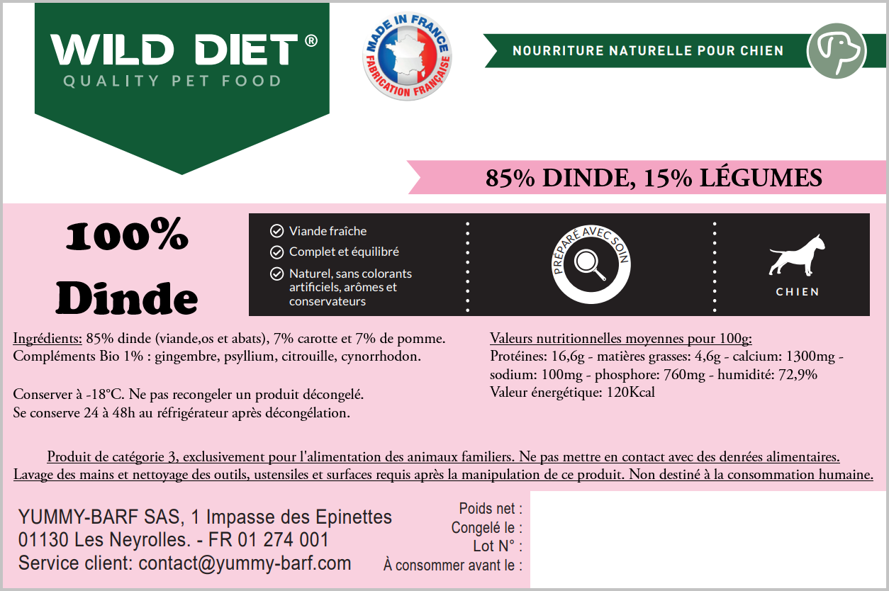 Wild Diet 100% Dinde Chien - Yummy Barf
