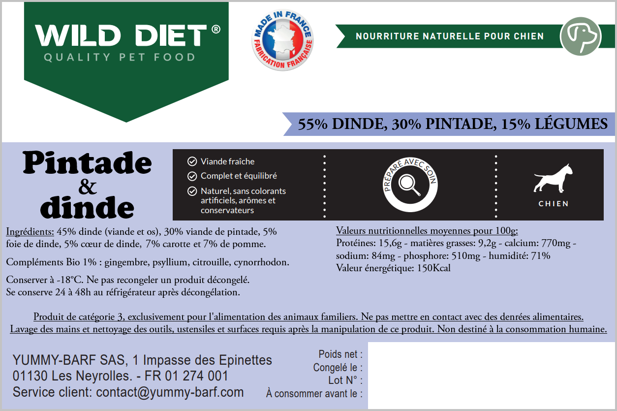 Wild Diet Pintade et Dinde Chien - Yummy Barf